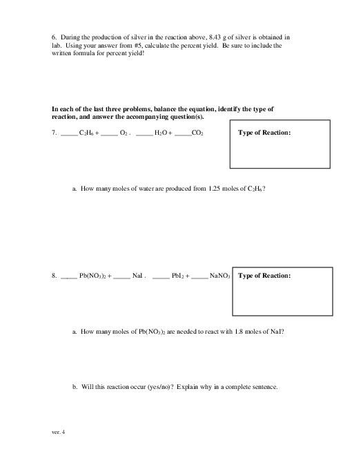 Basic Stoichiometry Test Chemistry Version 2 | Free Worksheets Samples