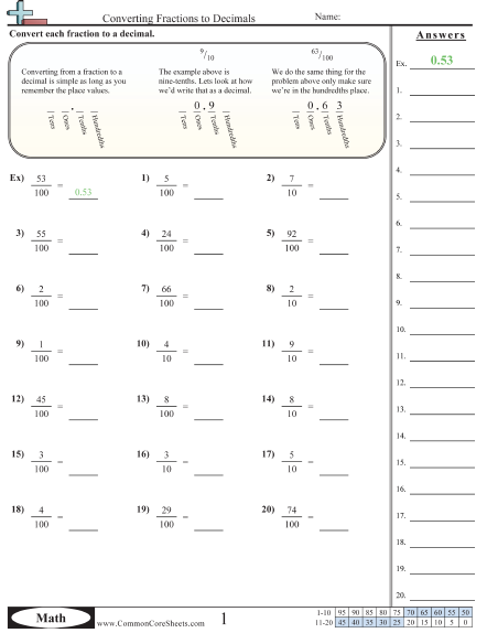 Converting Fraction To Decimals (10ths 100ths) | Free Worksheets Samples