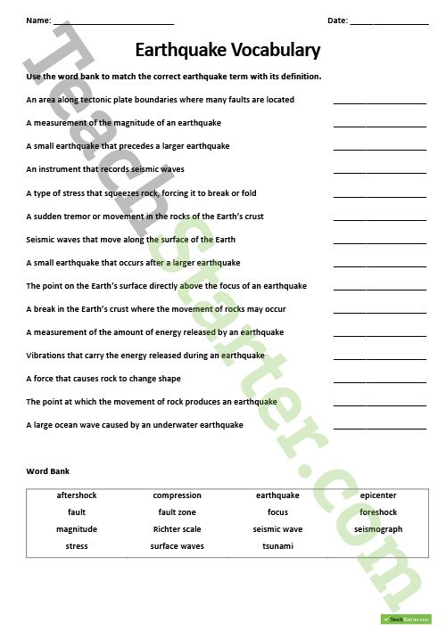 Parts Of An Earthquake Worksheets