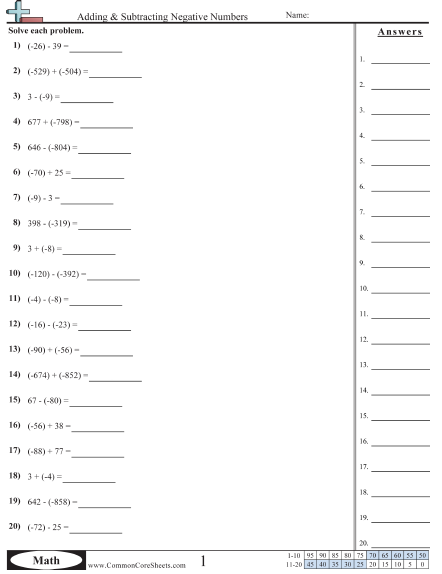 Adding And Subtracting Negative Numbers Worksheets