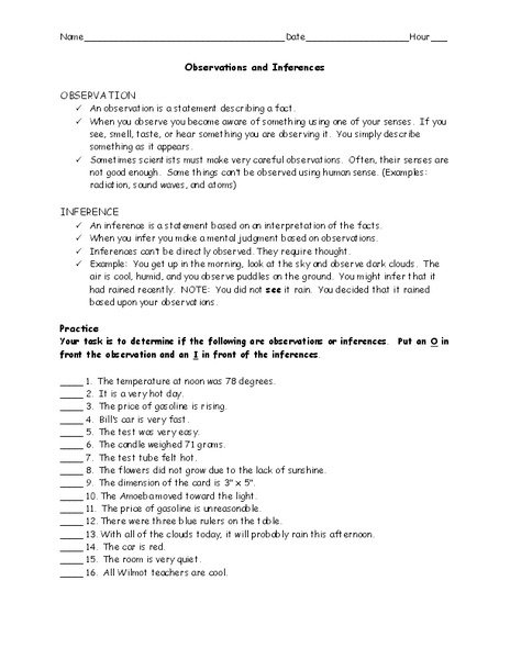 Inference And Observation Worksheets