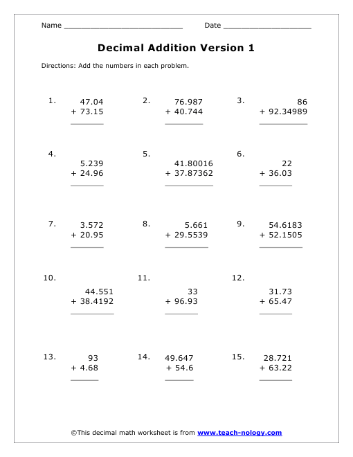 Operations Of Decimals Worksheets