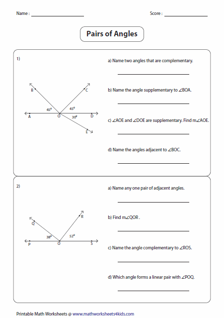 Complementary Supplementary Vertical Angles Worksheets