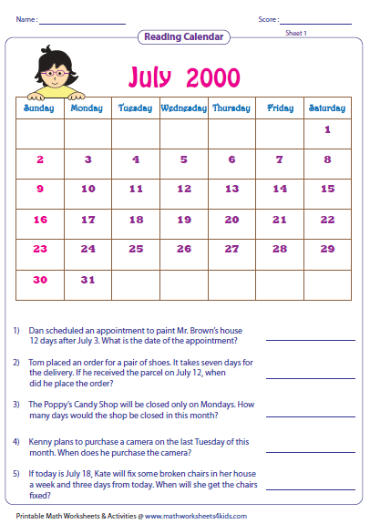 Reading Calendar Worksheets With Word Problems | Free Worksheets Samples Reading Calendar Worksheets With Word Problems | Free Worksheets Samples