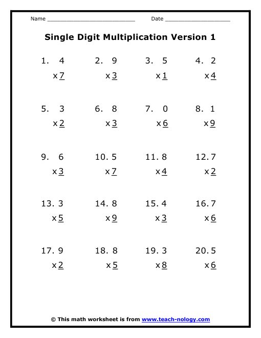 Two By One Digit Multiplication Worksheets