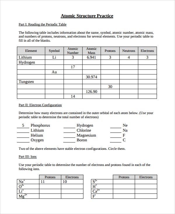 Atomic Structure Worksheet Key Sample Atomic Structure Worksheet 7 ...