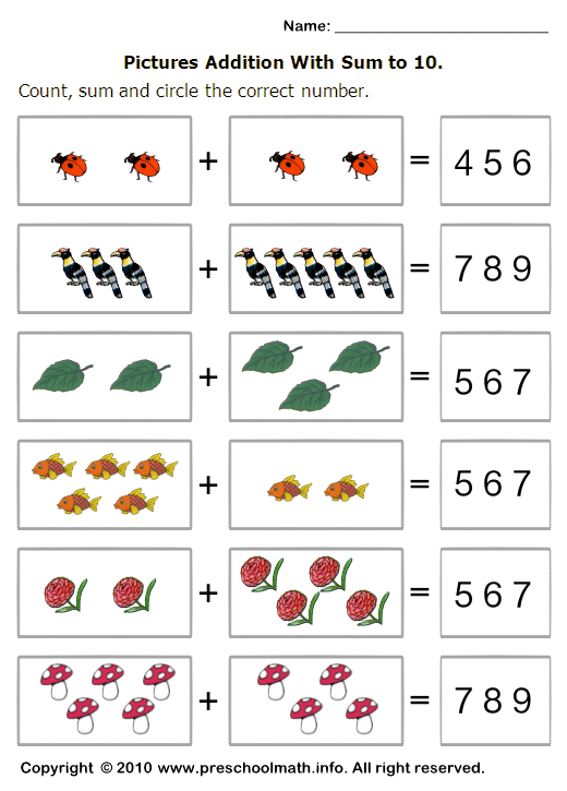 Basic Addition Worksheets With Sum To 10 And Circle The Number | Free ...
