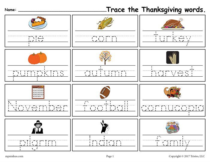 Free Printable Thanksgiving Words Handwriting & Tracing Worksheet ...