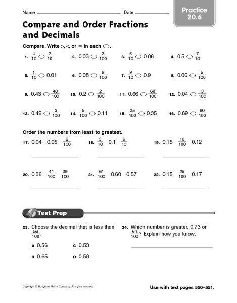 Ordering And Comparing Fractions Worksheets