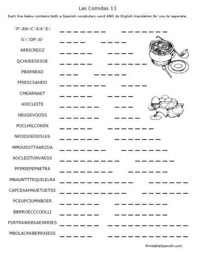 Spanish Food Worksheets Printable