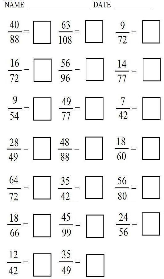 Reducing Fractions Worksheets