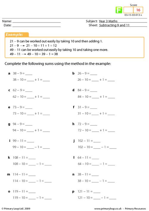 Subtracting 9 Worksheets