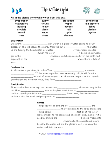 Free Water Cycle Worksheets For 4th Grade