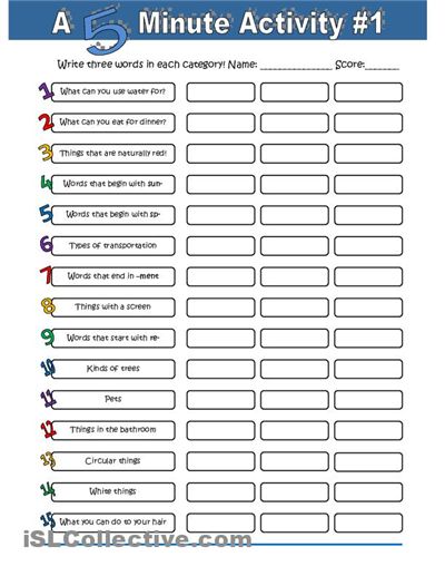 A 5 Minute Activity 1 Worksheet | Free Worksheets Samples