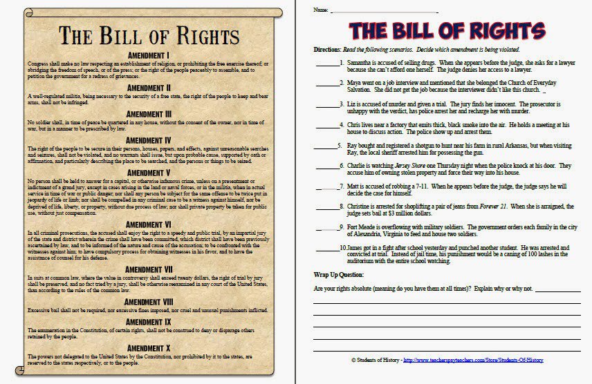 Bill Of Rights Middle School Worksheets