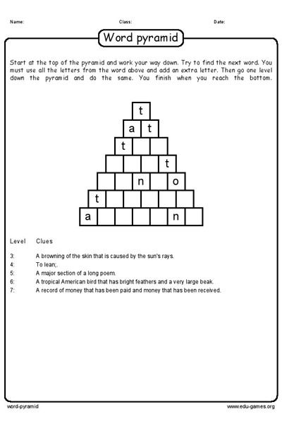 Word Pyramid Worksheets