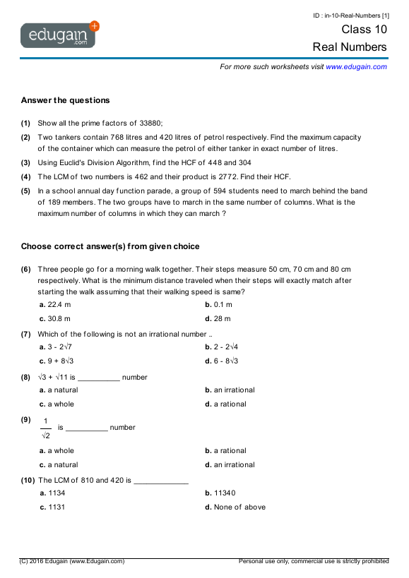 Grade 10 Math Worksheets And Problems Real Numbers | Free Worksheets ...