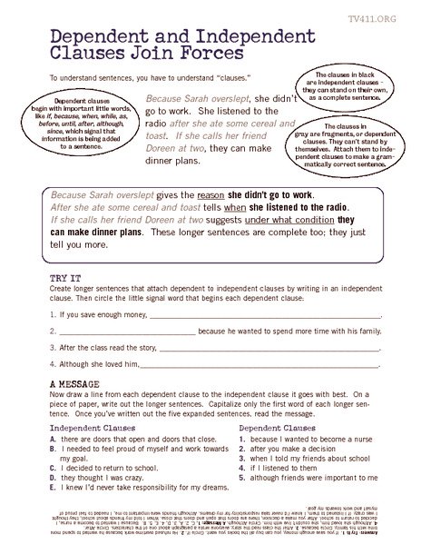 Independent And Dependent Clauses Worksheets
