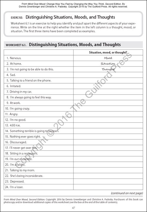 Mind Over Mood Worksheets