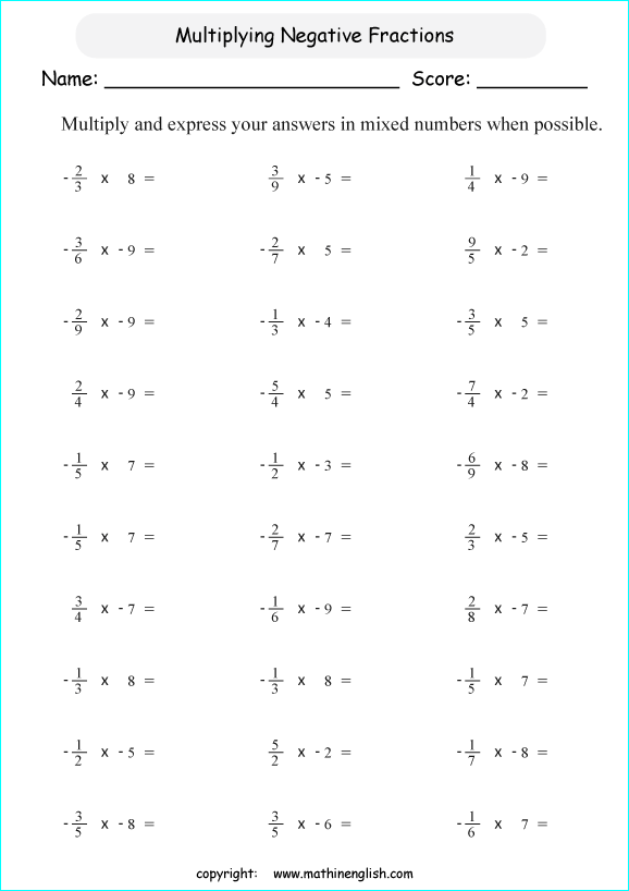 Multiply Negative Fractions By Whole Numbers Fraction Worksheet | Free ...