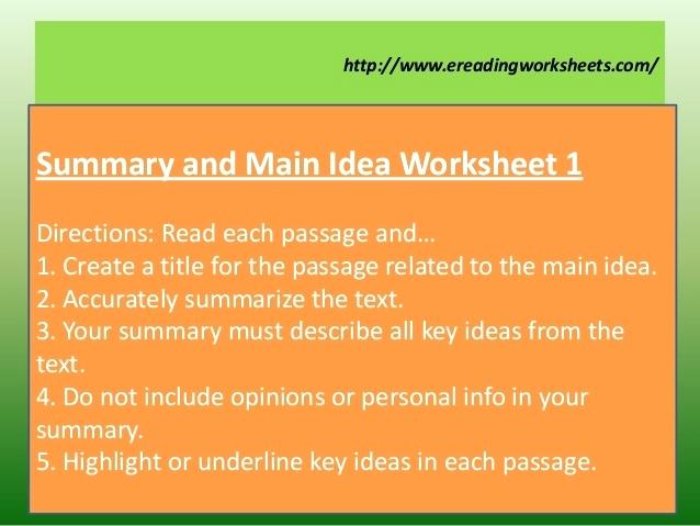 Summary And Main Idea Worksheets 1