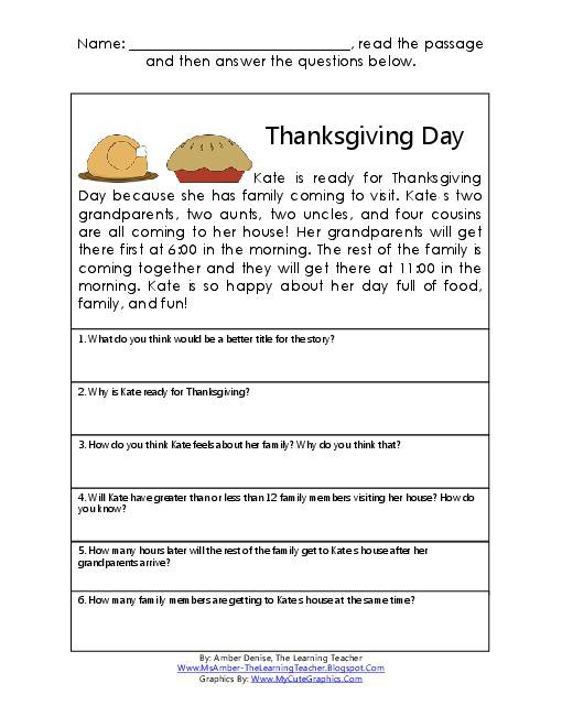 Thanksgiving Comprehension Worksheets