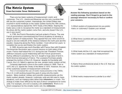 The Metric System | Free Worksheets Samples