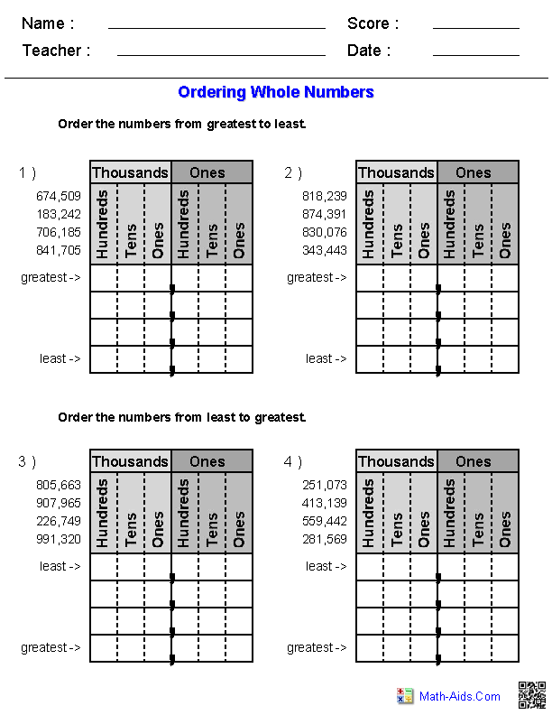 Comparing And Ordering Numbers Worksheets 4th Grade