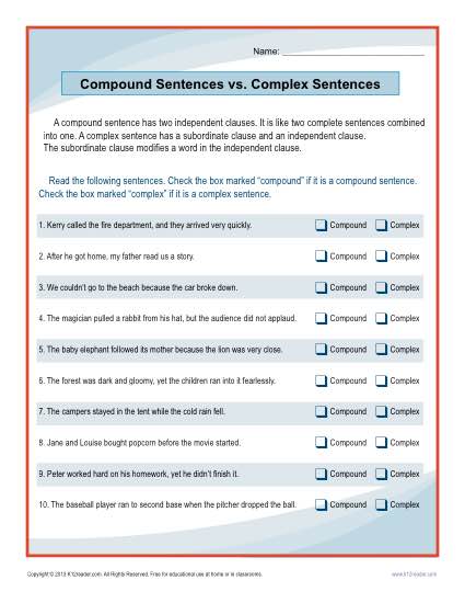 Worksheets Complex Sentences