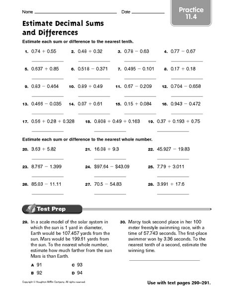 Estimating With Decimals Worksheets