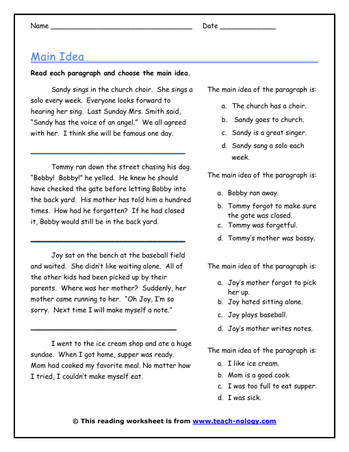 Main Idea 5th Grade Worksheets