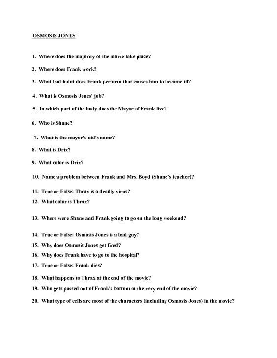 Movie Quiz Osmosis Jones Worksheet | Free Worksheets Samples
