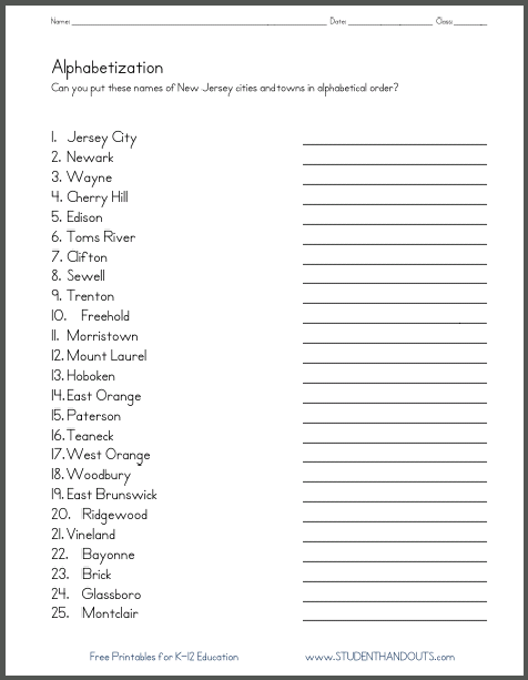 New Jersey Cities In Abc Order Printable Worksheet | Free Worksheets ...
