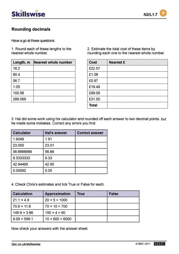 Decimal Worksheets Ks2