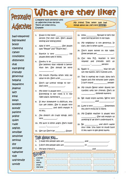 Personality Adjectives Worksheet | Free Worksheets Samples
