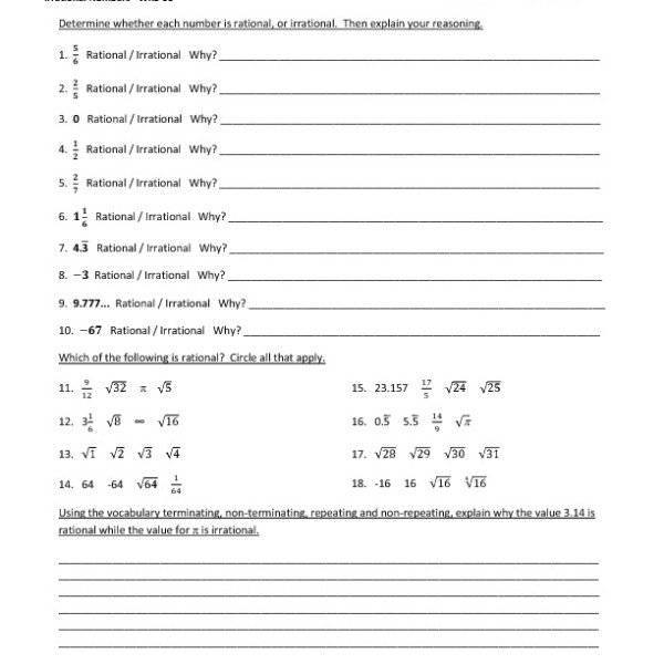 Rational And Irrational Numbers Worksheets For Grade 7