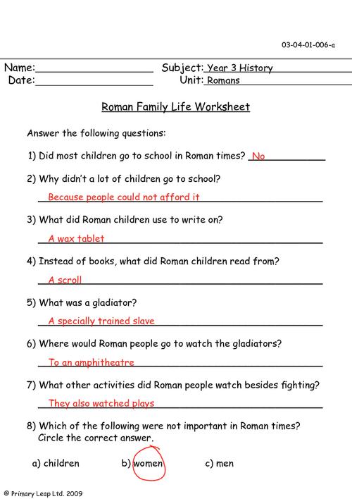 Roman Family Life | Free Worksheets Samples