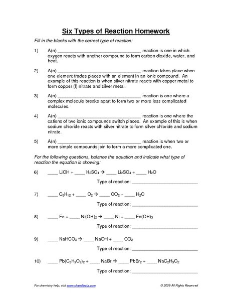 Types Of Chemical Reactions Worksheet Types Of Chemical Reactions ...