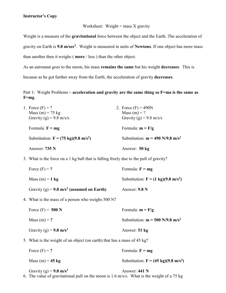 Weight = Mass X Gravity Worksheets