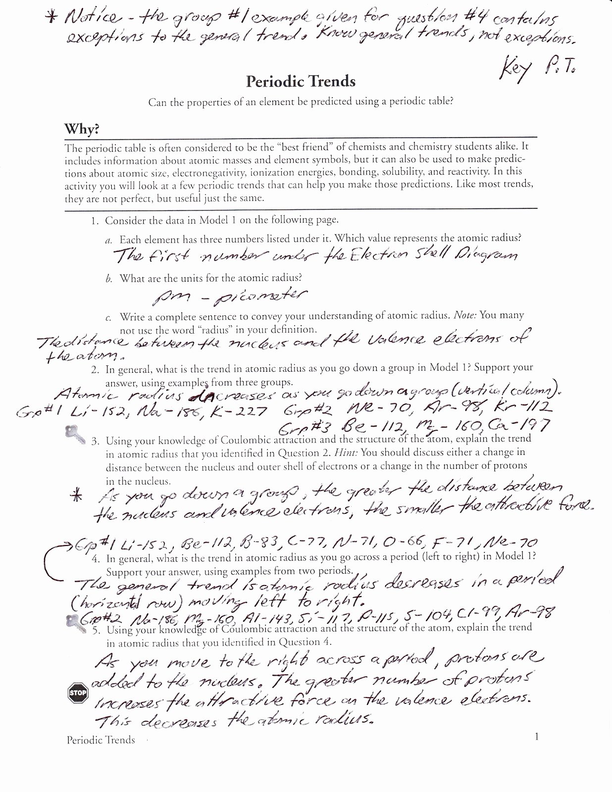 Periodic Trends Worksheets Answer Key