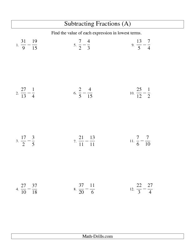 Adding And Subtracting Fractions With Unlike Denominators Worksheets