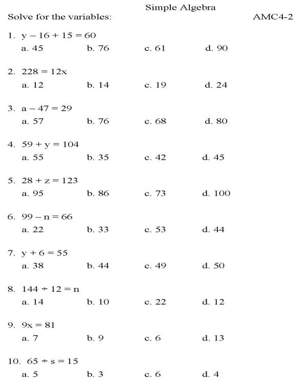 Algebra Equations Worksheets