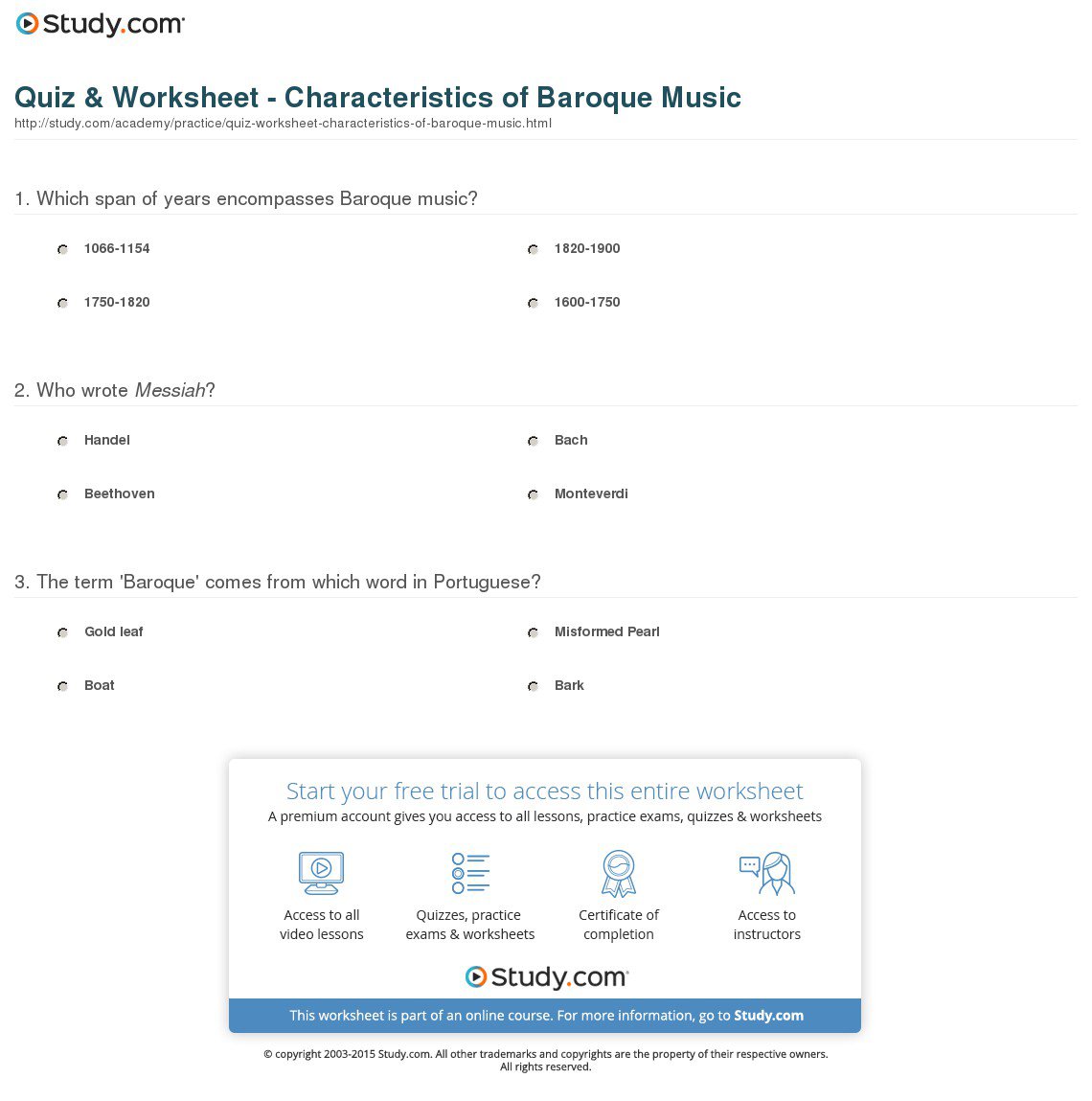 Baroque Music Worksheets