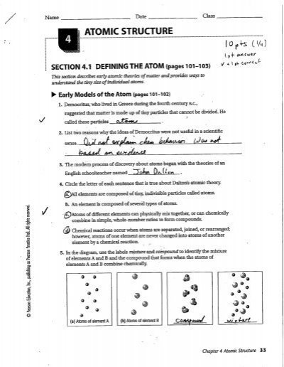 Atomic Structure Chapter 4 Worksheets Answers