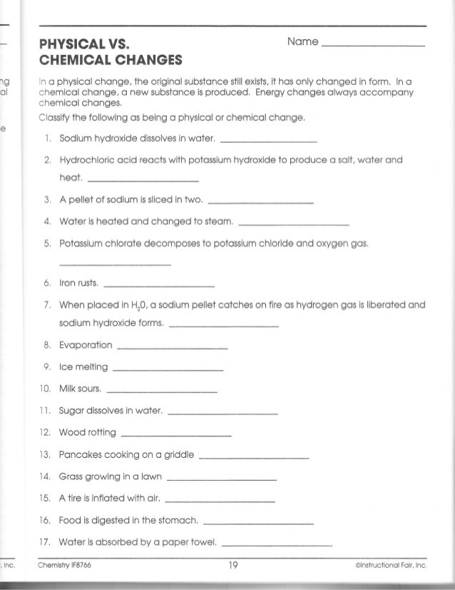 Chemical Vs. Physical Change Worksheets Answers