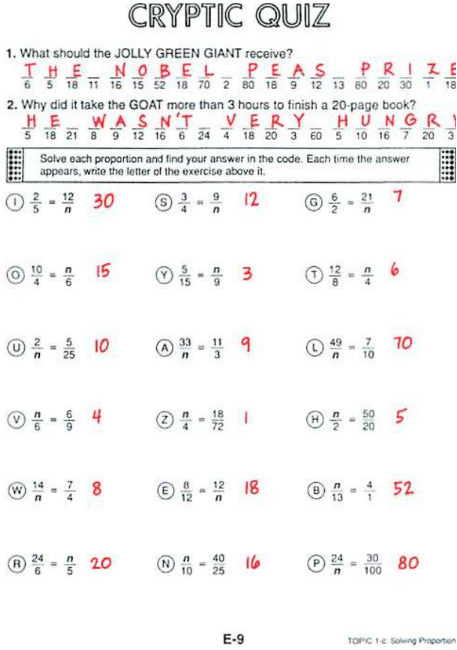 Cryptic Quiz Math Worksheets Answers