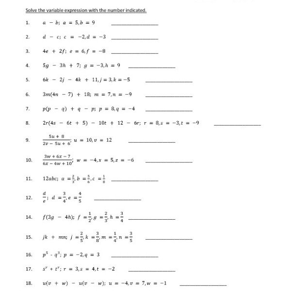 Evaluating Variable Expressions Worksheets