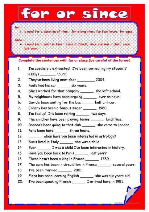 For And Since Worksheets