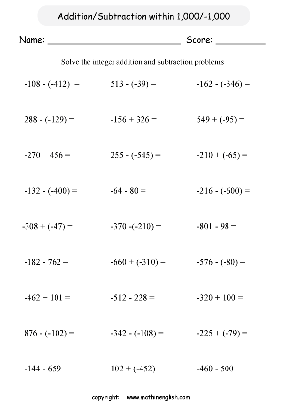 Integer Worksheets Grade 6