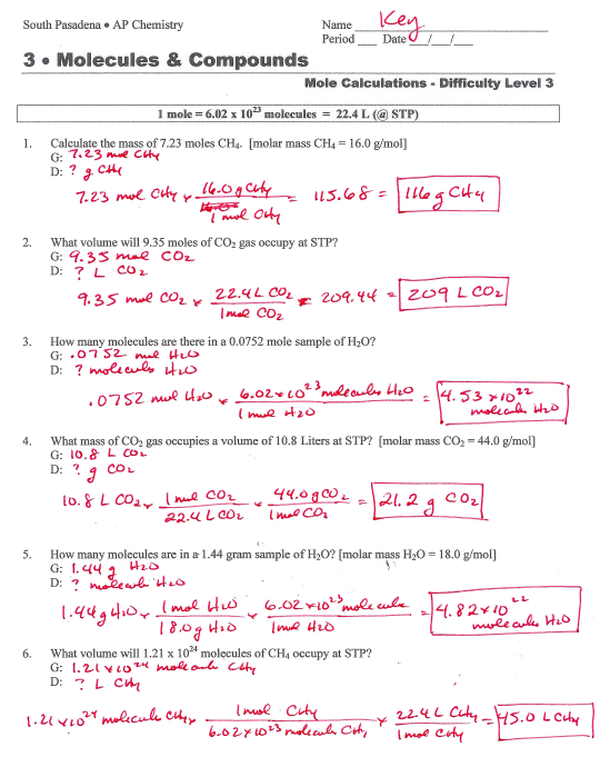 Moles And Mass Worksheet Mole Calculation Worksheet Answer Key | Free ...